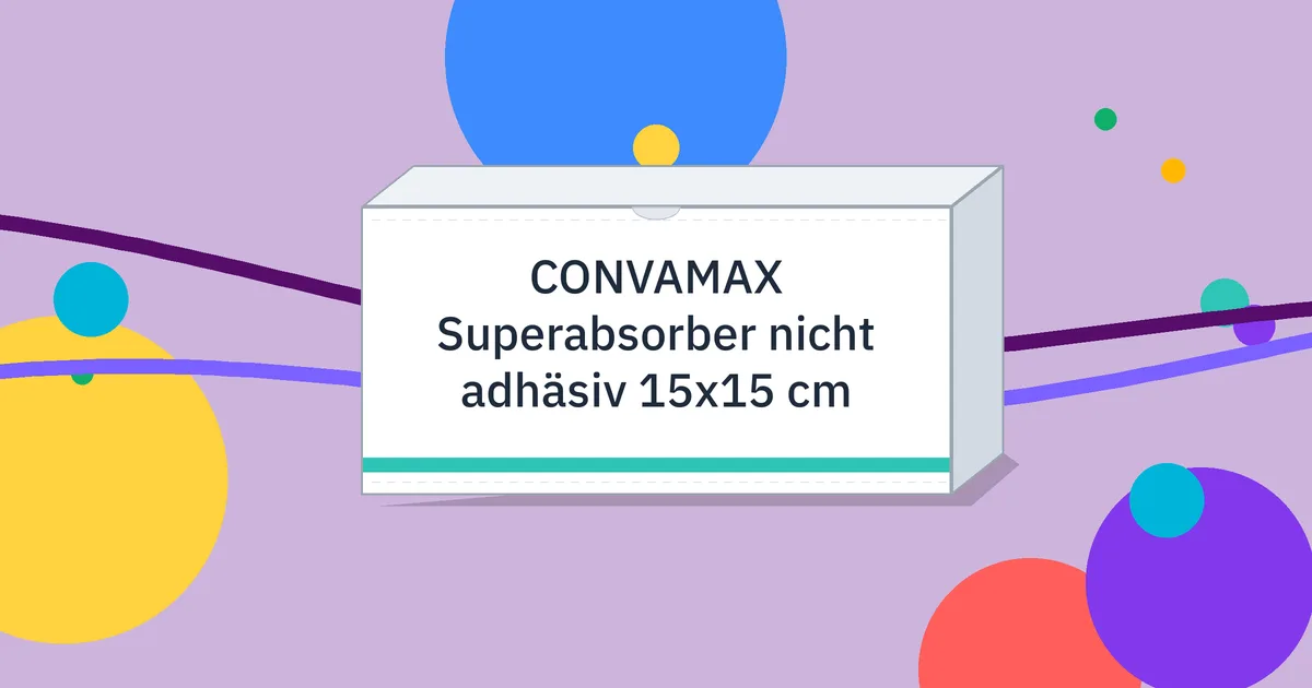 Symbolbild: Packung mit der Aufschrift CONVAMAX Superabsorber nicht adhäsiv 15x15 cm (PZN 20123839) – Verfügbarkeit und Bezug in Apotheken in Frankfurt am Main