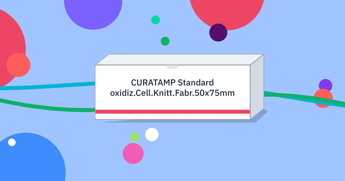 Symbolbild: Packung mit der Aufschrift CURATAMP Standard oxidiz.Cell.Knitt.Fabr.50x75mm (PZN 16211058) – Verfügbarkeit und Bezug in Apotheken in Frankfurt am Main