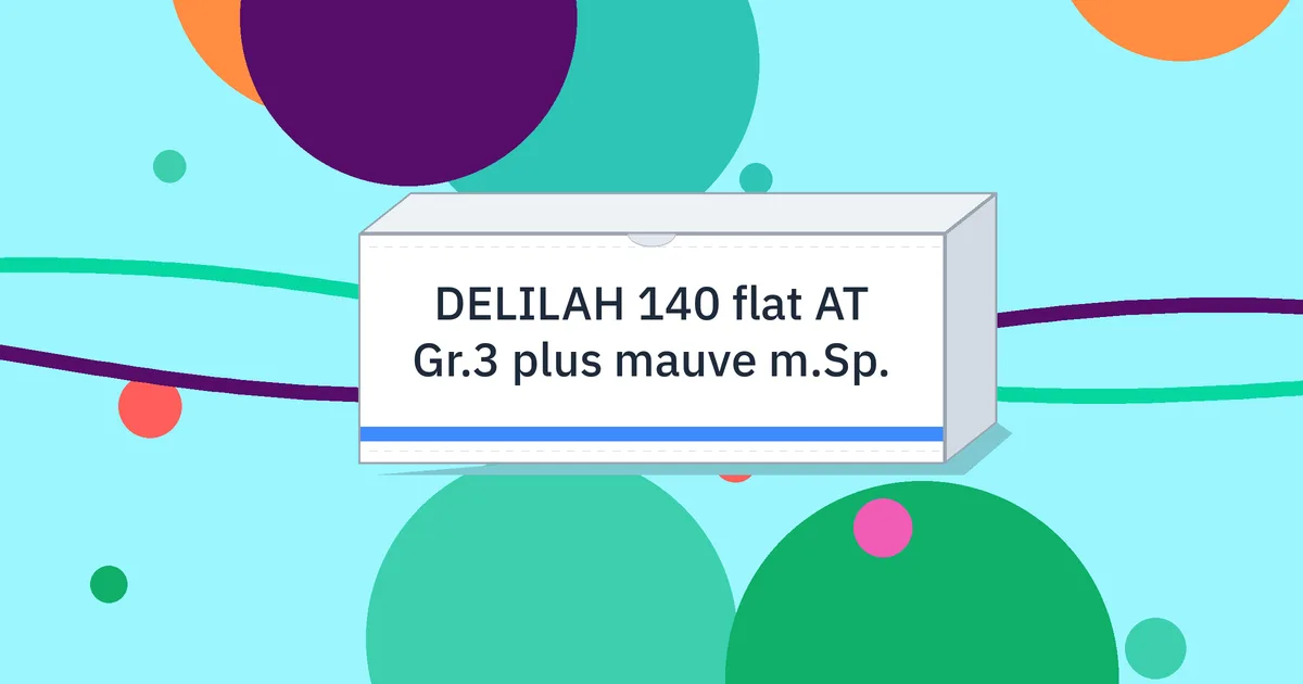 Symbolbild: Packung mit der Aufschrift DELILAH 140 flat AT Gr.3 plus mauve m.Sp. (PZN 14248011) – Verfügbarkeit und Bezug in Apotheken in Frankfurt am Main
