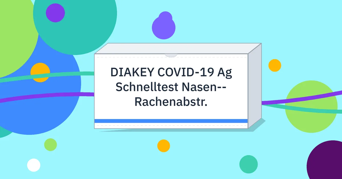 Symbolbild: Packung mit der Aufschrift DIAKEY COVID-19 Ag Schnelltest Nasen--Rachenabstr. (PZN 16934791) – Verfügbarkeit und Bezug in Apotheken in Frankfurt am Main