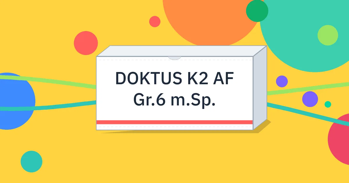 Symbolbild: Packung mit der Aufschrift DOKTUS K2 AF Gr.6 m.Sp. (PZN 03309117) – Verfügbarkeit und Bezug in Apotheken in Frankfurt am Main