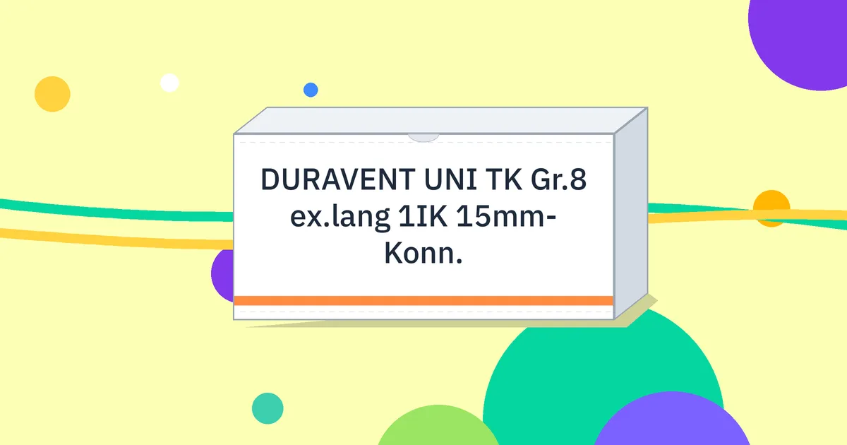 Symbolbild: Packung mit der Aufschrift DURAVENT UNI TK Gr.8 ex.lang 1IK 15mm-Konn. (PZN 18121767) – Verfügbarkeit und Bezug in Apotheken in Frankfurt am Main