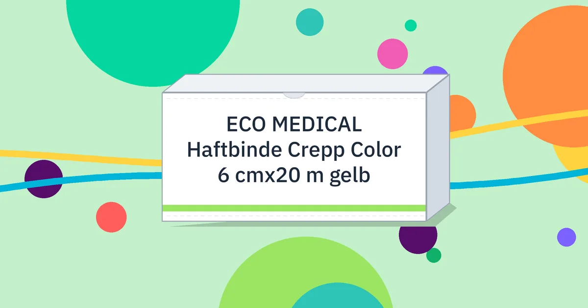 Symbolbild: Packung mit der Aufschrift ECO MEDICAL Haftbinde Crepp Color 6 cmx20 m gelb (PZN 01323024) – Verfügbarkeit und Bezug in Apotheken in Frankfurt am Main
