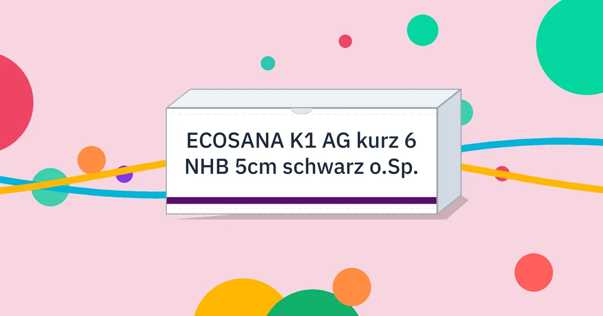 Symbolbild: Packung mit der Aufschrift ECOSANA K1 AG kurz 6 NHB 5cm schwarz o.Sp. (PZN 04729583) – Verfügbarkeit und Bezug in Apotheken in Frankfurt am Main