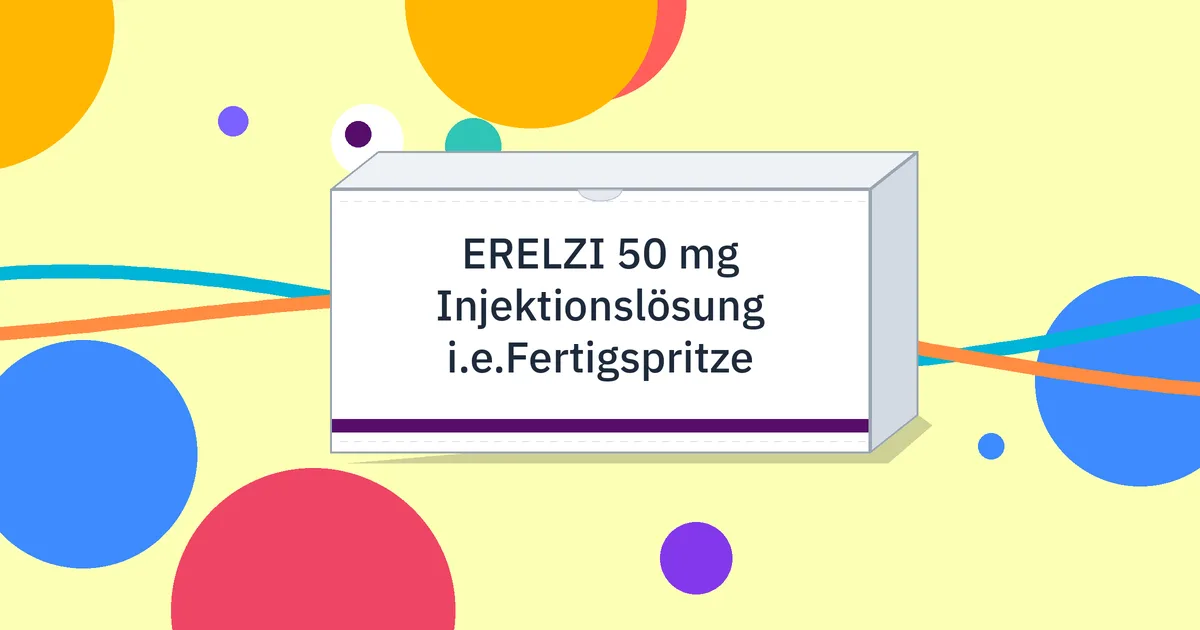 Symbolbild: Packung mit der Aufschrift ERELZI 50 mg Injektionslösung i.e.Fertigspritze (PZN 11594362) – Verfügbarkeit und Bezug in Apotheken in Frankfurt am Main