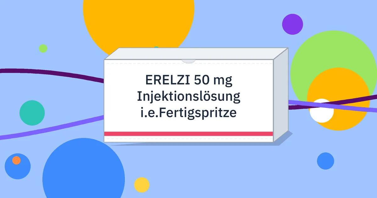 Symbolbild: Packung mit der Aufschrift ERELZI 50 mg Injektionslösung i.e.Fertigspritze (PZN 17166897) – Verfügbarkeit und Bezug in Apotheken in Frankfurt am Main