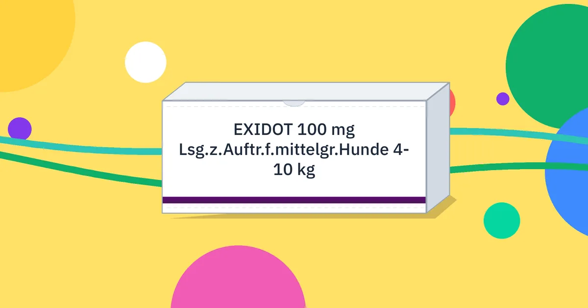 Symbolbild: Packung mit der Aufschrift EXIDOT 100 mg Lsg.z.Auftr.f.mittelgr.Hunde 4-10 kg (PZN 16828876) – Verfügbarkeit und Bezug in Apotheken in Frankfurt am Main
