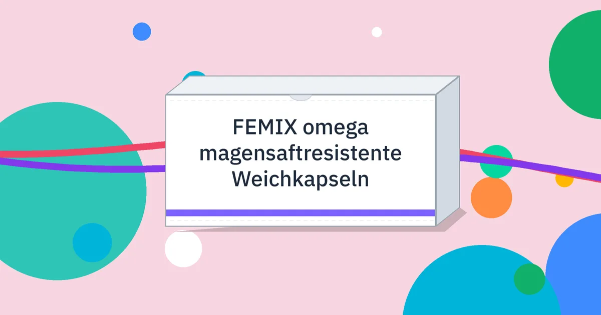 Symbolbild: Packung mit der Aufschrift FEMIX omega magensaftresistente Weichkapseln (PZN 14018328) – Verfügbarkeit und Bezug in Apotheken in Frankfurt am Main