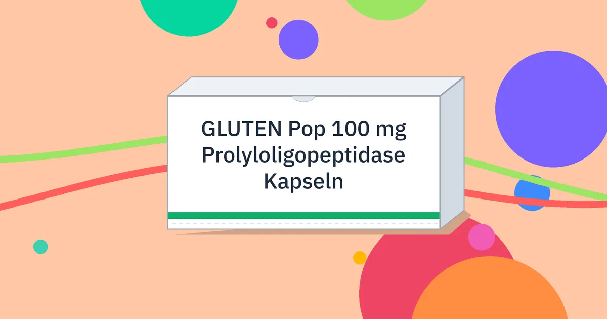 Symbolbild: Packung mit der Aufschrift GLUTEN Pop 100 mg Prolyloligopeptidase Kapseln (PZN 18365185) – Verfügbarkeit und Bezug in Apotheken in Frankfurt am Main