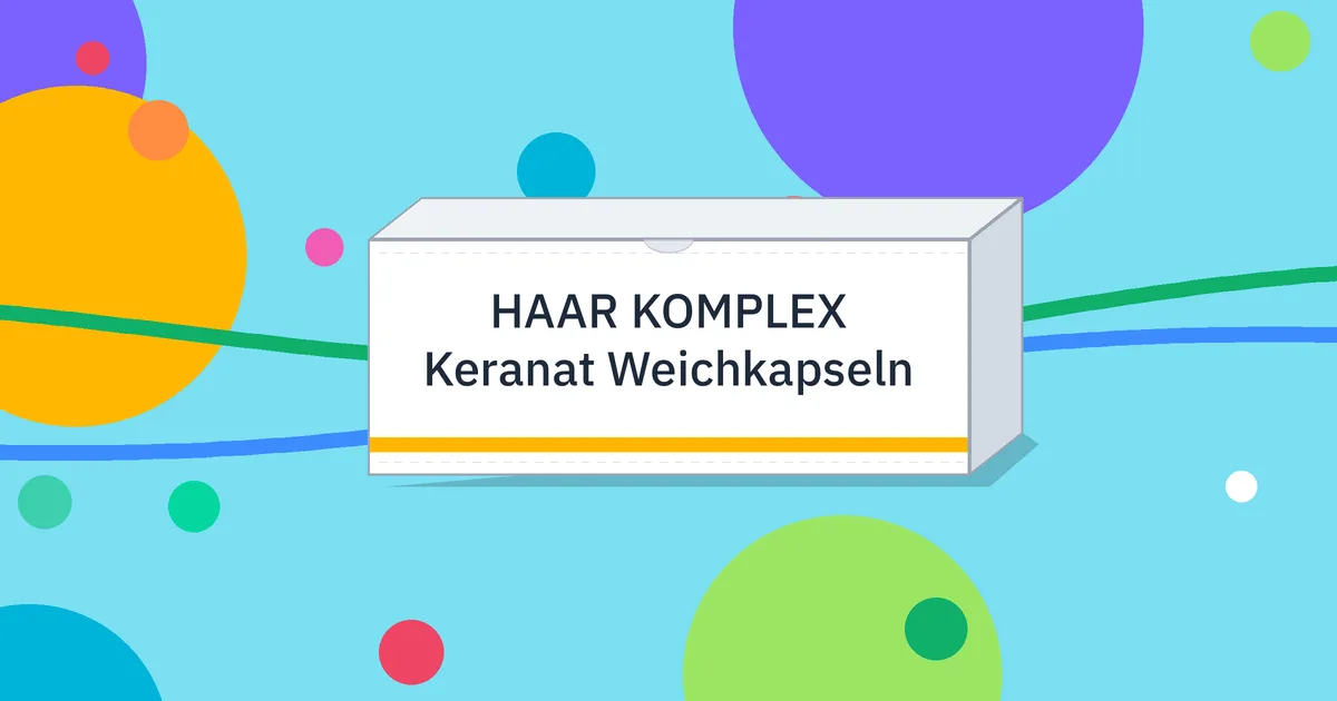 Symbolbild: Packung mit der Aufschrift HAAR KOMPLEX Keranat Weichkapseln (PZN 20844846) – Verfügbarkeit und Bezug in Apotheken in Frankfurt am Main