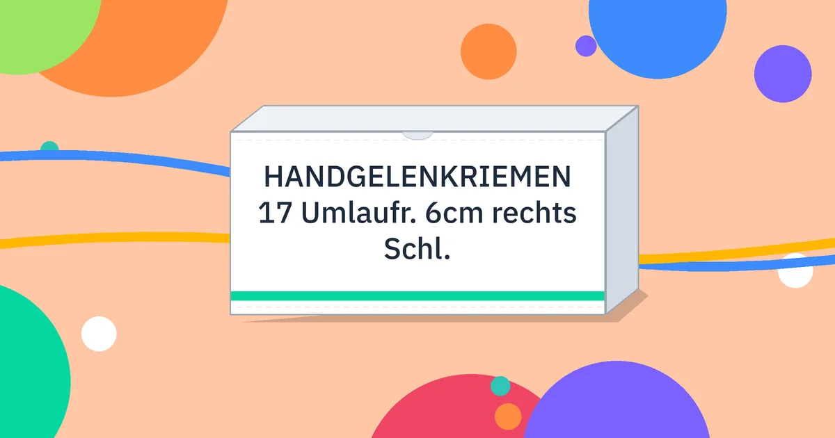 Symbolbild: Packung mit der Aufschrift HANDGELENKRIEMEN 17 Umlaufr. 6cm rechts Schl. (PZN 01962876) – Verfügbarkeit und Bezug in Apotheken in Frankfurt am Main