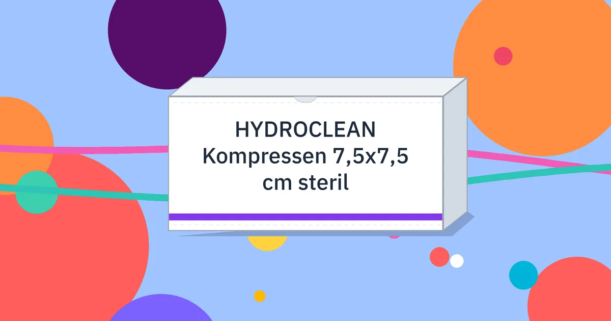 Symbolbild: Packung mit der Aufschrift HYDROCLEAN Kompressen 7,5x7,5 cm steril (PZN 19701136) – Verfügbarkeit und Bezug in Apotheken in Frankfurt am Main