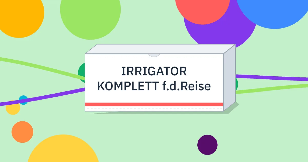 Symbolbild: Packung mit der Aufschrift IRRIGATOR KOMPLETT f.d.Reise (PZN 08921923) – Verfügbarkeit und Bezug in Apotheken in Frankfurt am Main