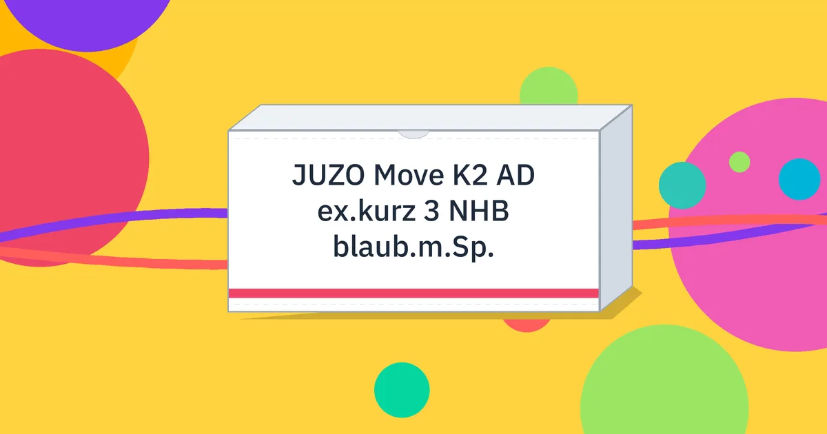 Symbolbild: Packung mit der Aufschrift JUZO Move K2 AD ex.kurz 3 NHB blaub.m.Sp. (PZN 18541736) – Verfügbarkeit und Bezug in Apotheken in Frankfurt am Main
