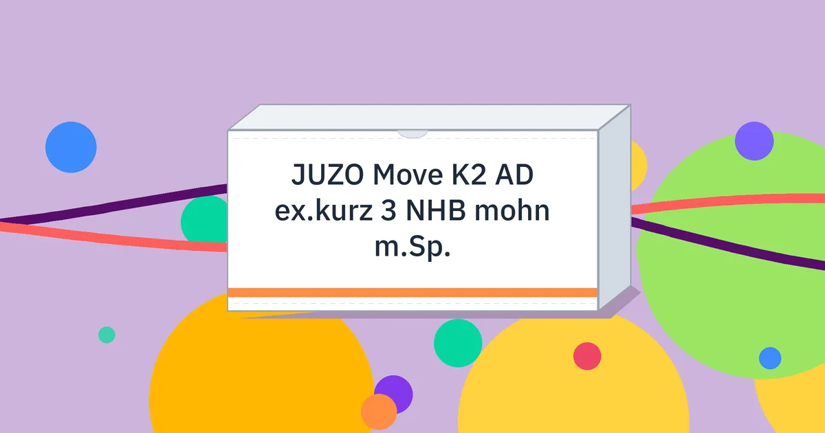 Symbolbild: Packung mit der Aufschrift JUZO Move K2 AD ex.kurz 3 NHB mohn m.Sp. (PZN 18541794) – Verfügbarkeit und Bezug in Apotheken in Frankfurt am Main