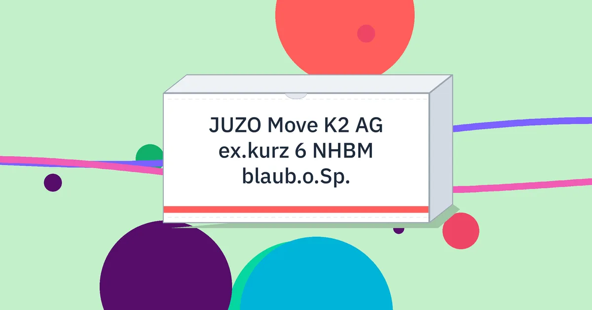 Symbolbild: Packung mit der Aufschrift JUZO Move K2 AG ex.kurz 6 NHBM blaub.o.Sp. (PZN 18564803) – Verfügbarkeit und Bezug in Apotheken in Frankfurt am Main