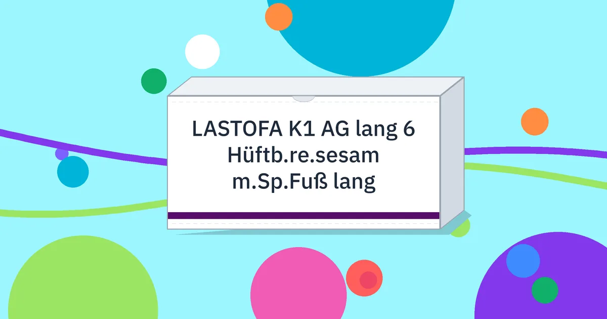 Symbolbild: Packung mit der Aufschrift LASTOFA K1 AG lang 6 Hüftb.re.sesam m.Sp.Fuß lang (PZN 13799217) – Verfügbarkeit und Bezug in Apotheken in Frankfurt am Main