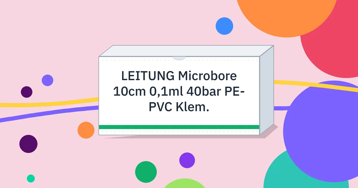 Symbolbild: Packung mit der Aufschrift LEITUNG Microbore 10cm 0,1ml 40bar PE-PVC Klem. (PZN 18469335) – Verfügbarkeit und Bezug in Apotheken in Frankfurt am Main