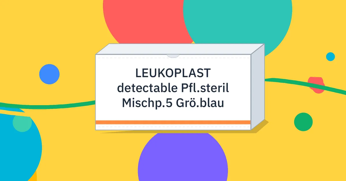 Symbolbild: Packung mit der Aufschrift LEUKOPLAST detectable Pfl.steril Mischp.5 Grö.blau (PZN 19882942) – Verfügbarkeit und Bezug in Apotheken in Frankfurt am Main