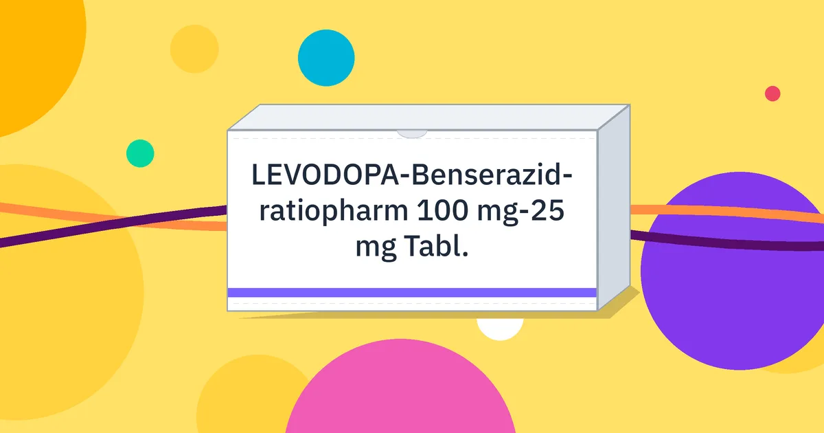 Symbolbild: Packung mit der Aufschrift LEVODOPA-Benserazid-ratiopharm 100 mg-25 mg Tabl. (PZN 07001534) – Verfügbarkeit und Bezug in Apotheken in Frankfurt am Main