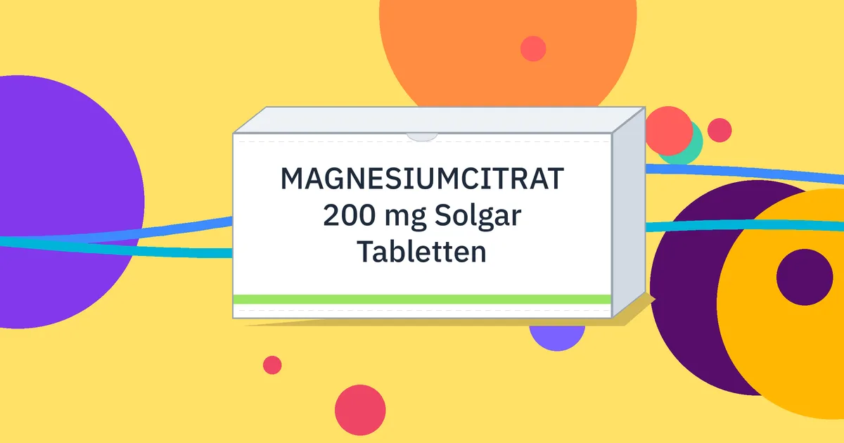 Symbolbild: Packung mit der Aufschrift MAGNESIUMCITRAT 200 mg Solgar Tabletten (PZN 05142779) – Verfügbarkeit und Bezug in Apotheken in Frankfurt am Main