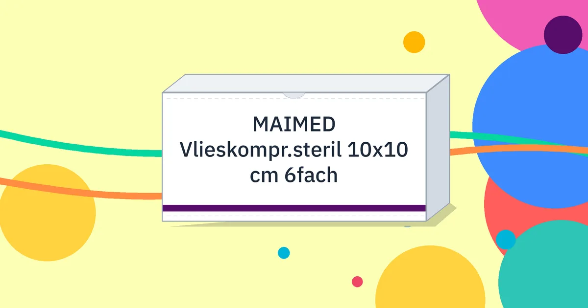 Symbolbild: Packung mit der Aufschrift MAIMED Vlieskompr.steril 10x10 cm 6fach (PZN 02306476) – Verfügbarkeit und Bezug in Apotheken in Frankfurt am Main