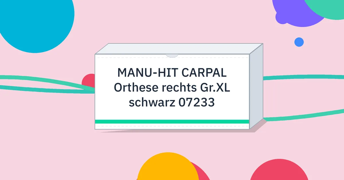Symbolbild: Packung mit der Aufschrift MANU-HIT CARPAL Orthese rechts Gr.XL schwarz 07233 (PZN 02014408) – Verfügbarkeit und Bezug in Apotheken in Frankfurt am Main