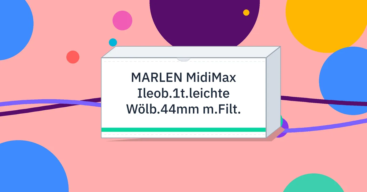 Symbolbild: Packung mit der Aufschrift MARLEN MidiMax Ileob.1t.leichte Wölb.44mm m.Filt. (PZN 16658256) – Verfügbarkeit und Bezug in Apotheken in Frankfurt am Main