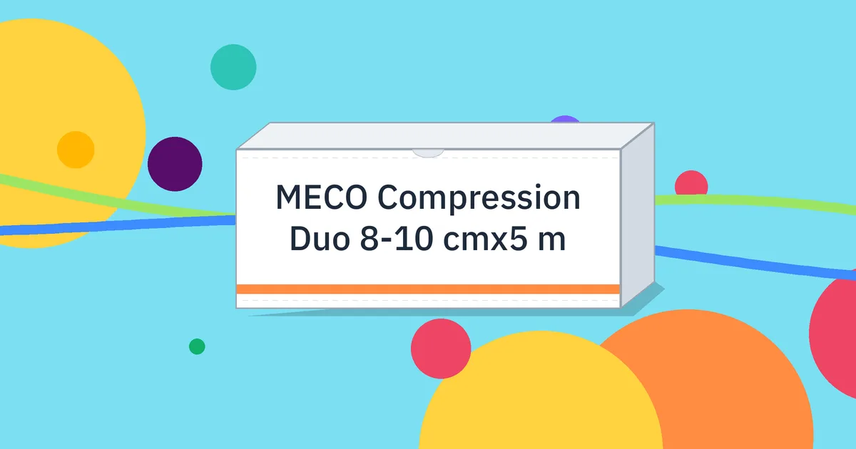 Symbolbild: Packung mit der Aufschrift MECO Compression Duo 8-10 cmx5 m (PZN 20130064) – Verfügbarkeit und Bezug in Apotheken in Frankfurt am Main