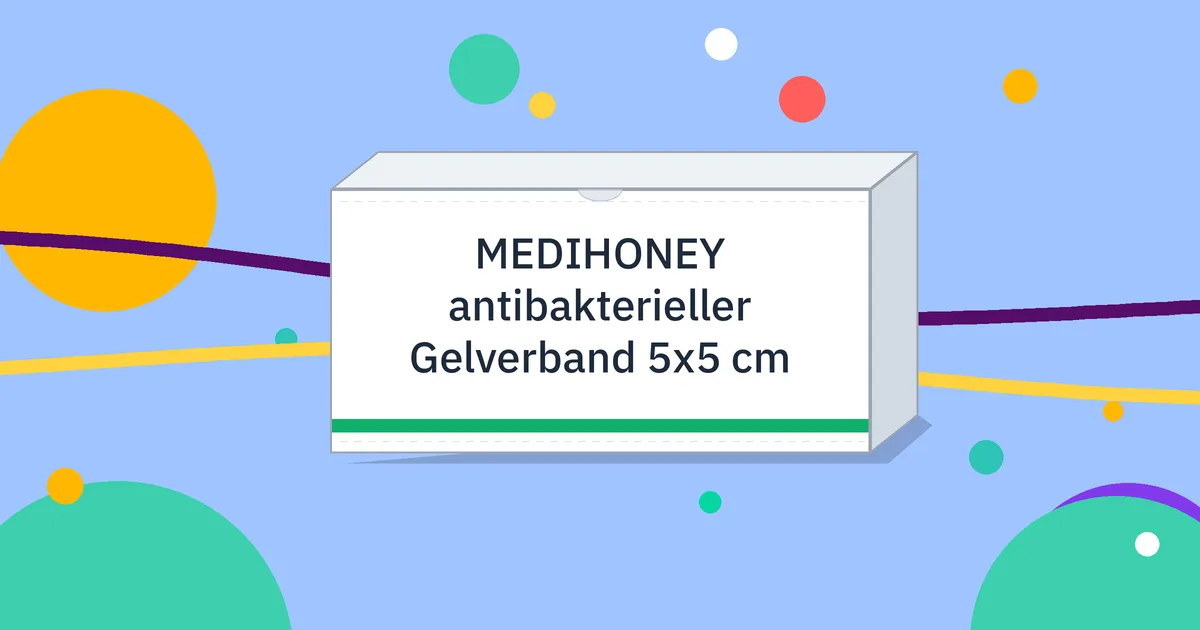 Symbolbild: Packung mit der Aufschrift MEDIHONEY antibakterieller Gelverband 5x5 cm (PZN 05994838) – Verfügbarkeit und Bezug in Apotheken in Frankfurt am Main