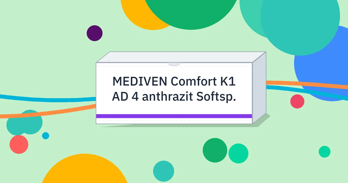 Symbolbild: Packung mit der Aufschrift MEDIVEN Comfort K1 AD 4 anthrazit Softsp. (PZN 14558763) – Verfügbarkeit und Bezug in Apotheken in Frankfurt am Main