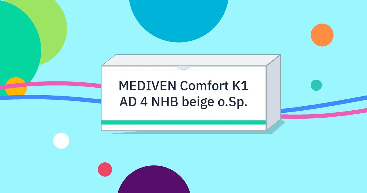 Symbolbild: Packung mit der Aufschrift MEDIVEN Comfort K1 AD 4 NHB beige o.Sp. (PZN 14560659) – Verfügbarkeit und Bezug in Apotheken in Frankfurt am Main