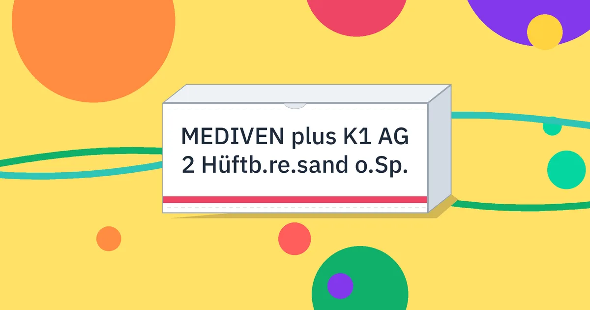 Symbolbild: Packung mit der Aufschrift MEDIVEN plus K1 AG 2 Hüftb.re.sand o.Sp. (PZN 18939108) – Verfügbarkeit und Bezug in Apotheken in Frankfurt am Main