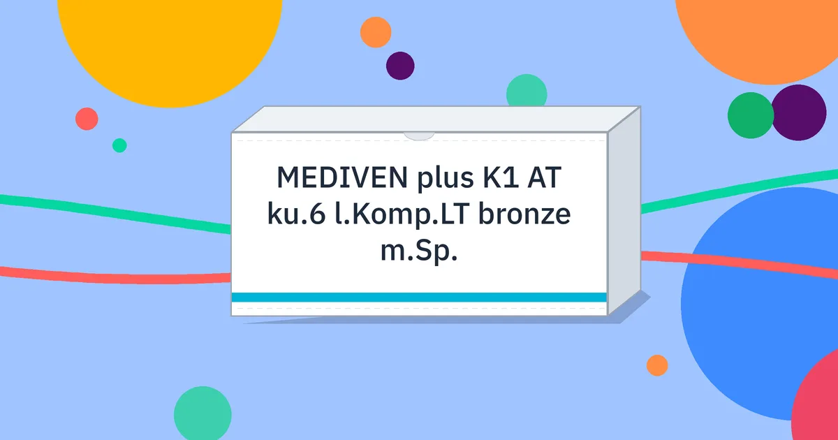 Symbolbild: Packung mit der Aufschrift MEDIVEN plus K1 AT ku.6 l.Komp.LT bronze m.Sp. (PZN 15029759) – Verfügbarkeit und Bezug in Apotheken in Frankfurt am Main