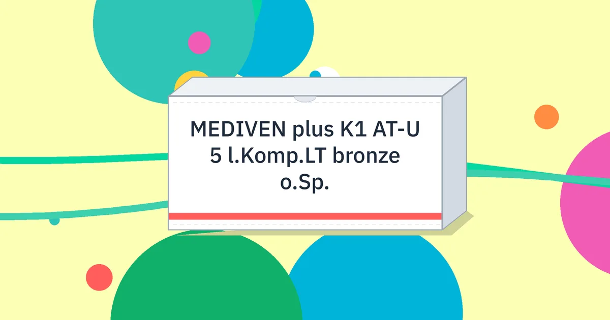 Symbolbild: Packung mit der Aufschrift MEDIVEN plus K1 AT-U 5 l.Komp.LT bronze o.Sp. (PZN 15033614) – Verfügbarkeit und Bezug in Apotheken in Frankfurt am Main