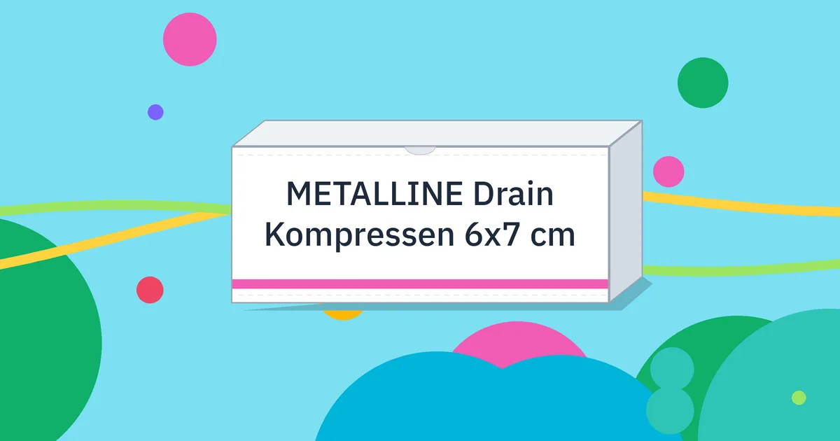 Symbolbild: Packung mit der Aufschrift METALLINE Drain Kompressen 6x7 cm (PZN 18437708) – Verfügbarkeit und Bezug in Apotheken in Frankfurt am Main