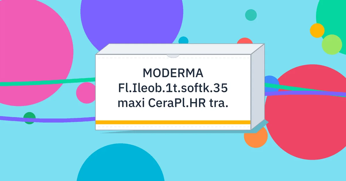 Symbolbild: Packung mit der Aufschrift MODERMA Fl.Ileob.1t.softk.35 maxi CeraPl.HR tra. (PZN 12417515) – Verfügbarkeit und Bezug in Apotheken in Frankfurt am Main
