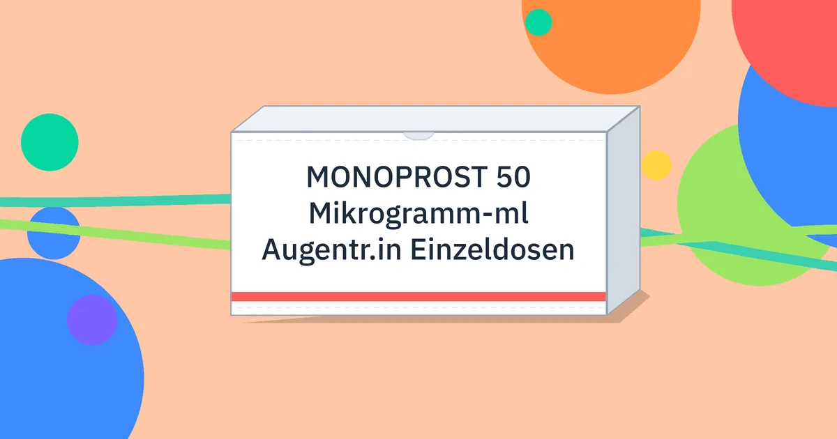 Symbolbild: Packung mit der Aufschrift MONOPROST 50 Mikrogramm-ml Augentr.in Einzeldosen (PZN 11051696) – Verfügbarkeit und Bezug in Apotheken in Frankfurt am Main