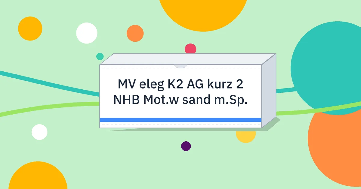 Symbolbild: Packung mit der Aufschrift MV eleg K2 AG kurz 2 NHB Mot.w sand m.Sp. (PZN 18928004) – Verfügbarkeit und Bezug in Apotheken in Frankfurt am Main