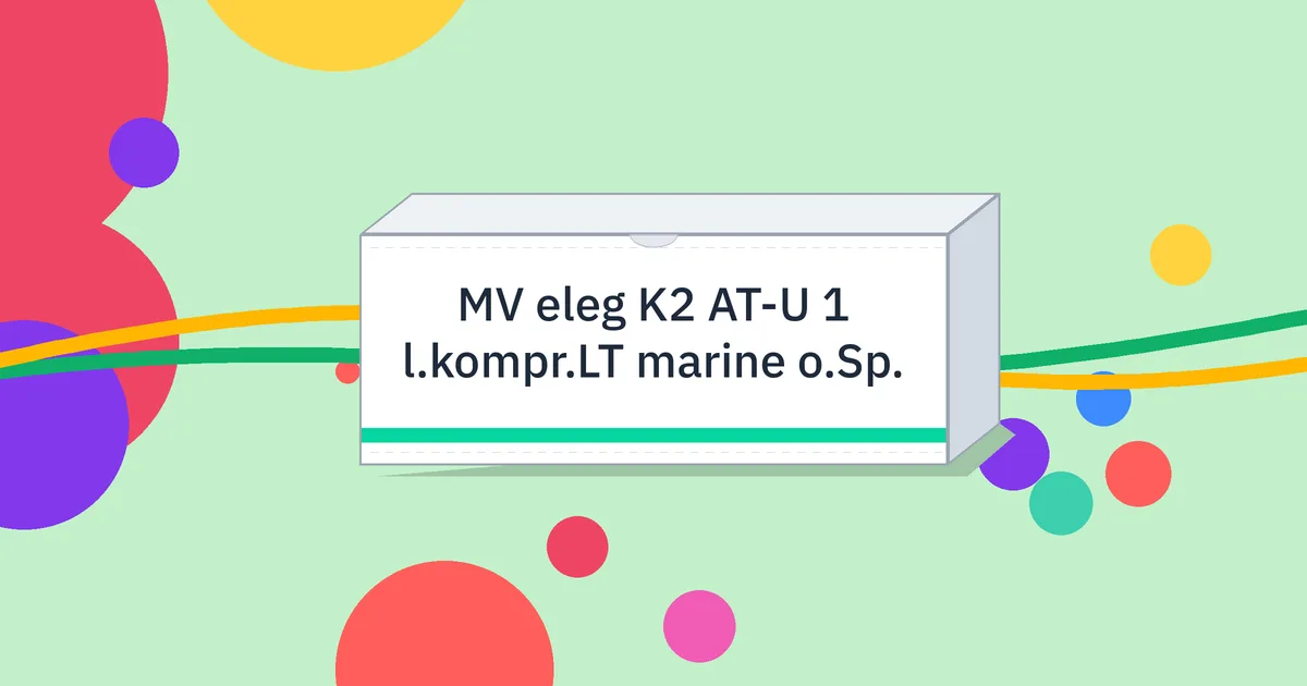 Symbolbild: Packung mit der Aufschrift MV eleg K2 AT-U 1 l.kompr.LT marine o.Sp. (PZN 15289992) – Verfügbarkeit und Bezug in Apotheken in Frankfurt am Main