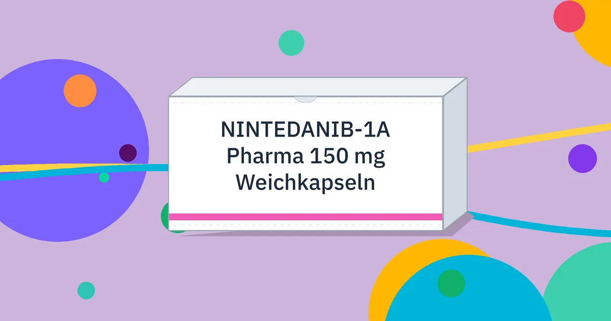 Symbolbild: Packung mit der Aufschrift NINTEDANIB-1A Pharma 150 mg Weichkapseln (PZN 19720004) – Verfügbarkeit und Bezug in Apotheken in Frankfurt am Main