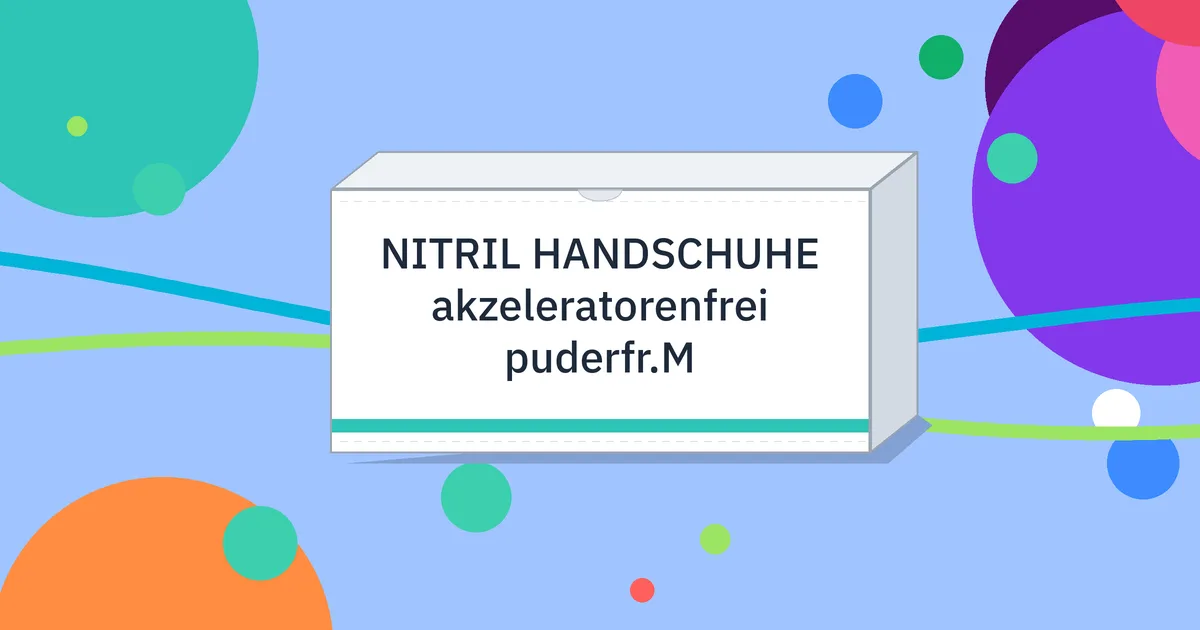 Symbolbild: Packung mit der Aufschrift NITRIL HANDSCHUHE akzeleratorenfrei puderfr.M (PZN 01693732) – Verfügbarkeit und Bezug in Apotheken in Frankfurt am Main