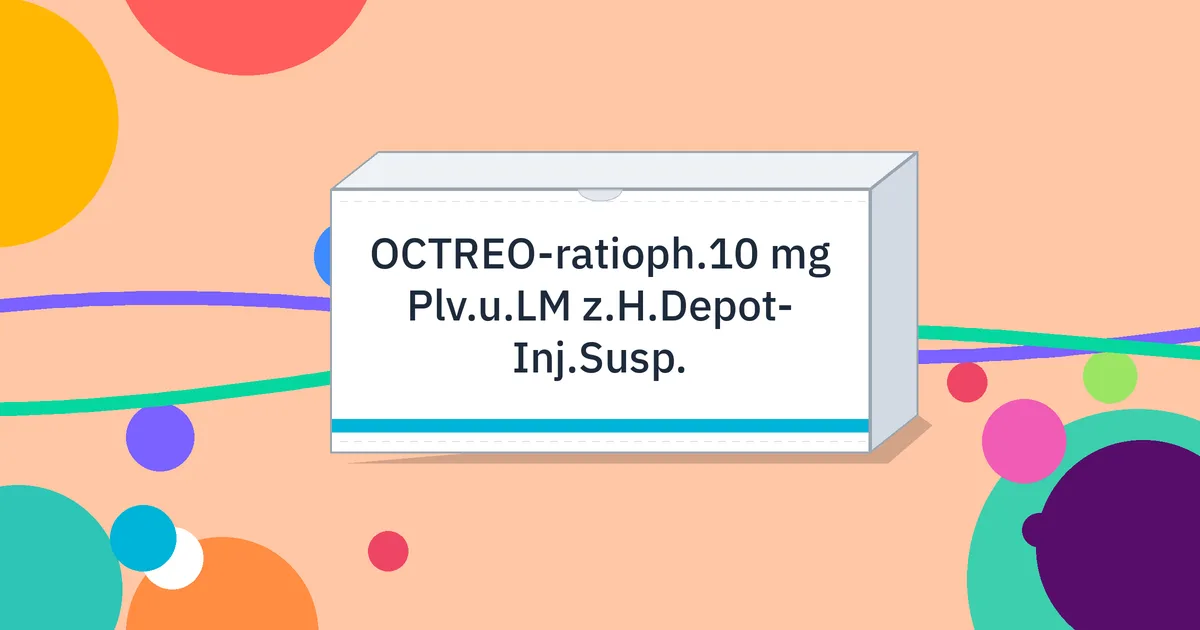 Symbolbild: Packung mit der Aufschrift OCTREO-ratioph.10 mg Plv.u.LM z.H.Depot-Inj.Susp. (PZN 14061198) – Verfügbarkeit und Bezug in Apotheken in Frankfurt am Main