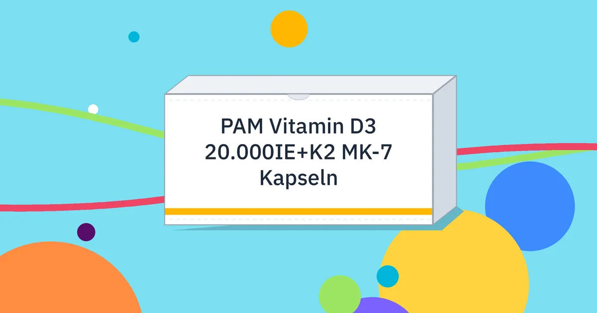 Symbolbild: Packung mit der Aufschrift PAM Vitamin D3 20.000IE+K2 MK-7 Kapseln (PZN 20280409) – Verfügbarkeit und Bezug in Apotheken in Frankfurt am Main