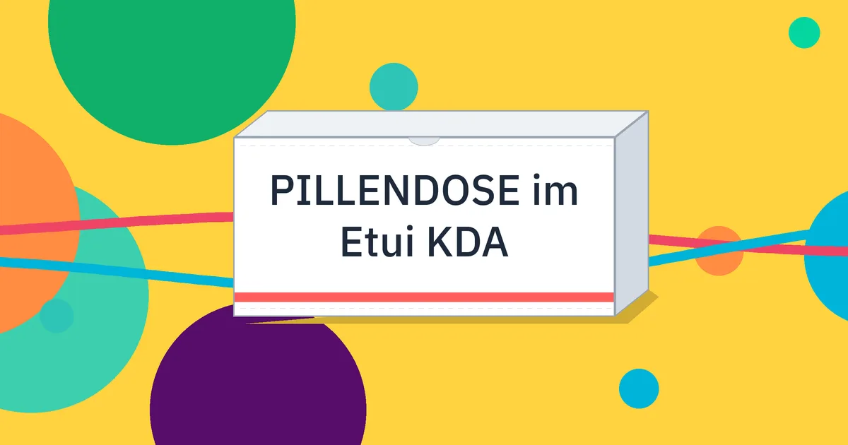 Symbolbild: Packung mit der Aufschrift PILLENDOSE im Etui KDA (PZN 19896476) – Verfügbarkeit und Bezug in Apotheken in Frankfurt am Main