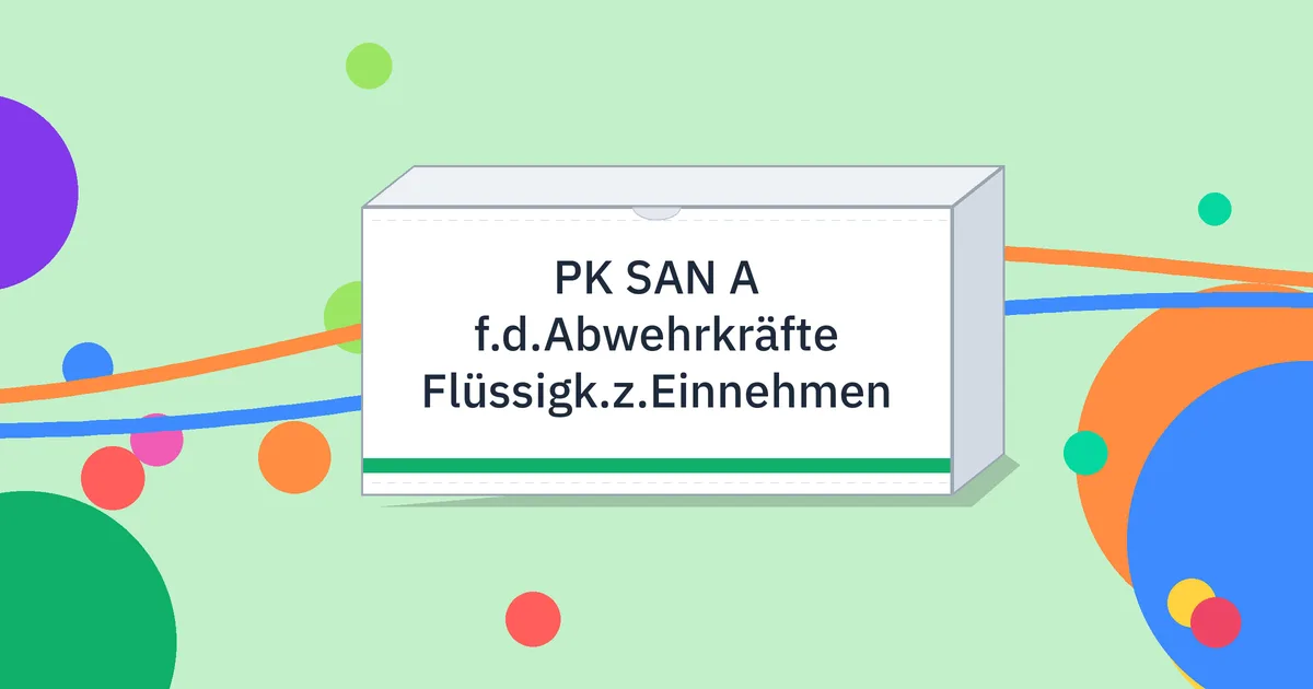 Symbolbild: Packung mit der Aufschrift PK SAN A f.d.Abwehrkräfte Flüssigk.z.Einnehmen (PZN 11510810) – Verfügbarkeit und Bezug in Apotheken in Frankfurt am Main