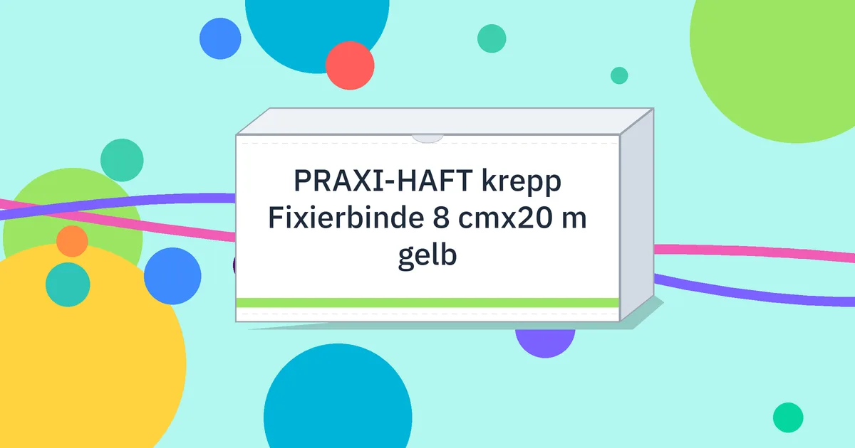 Symbolbild: Packung mit der Aufschrift PRAXI-HAFT krepp Fixierbinde 8 cmx20 m gelb (PZN 12826283) – Verfügbarkeit und Bezug in Apotheken in Frankfurt am Main