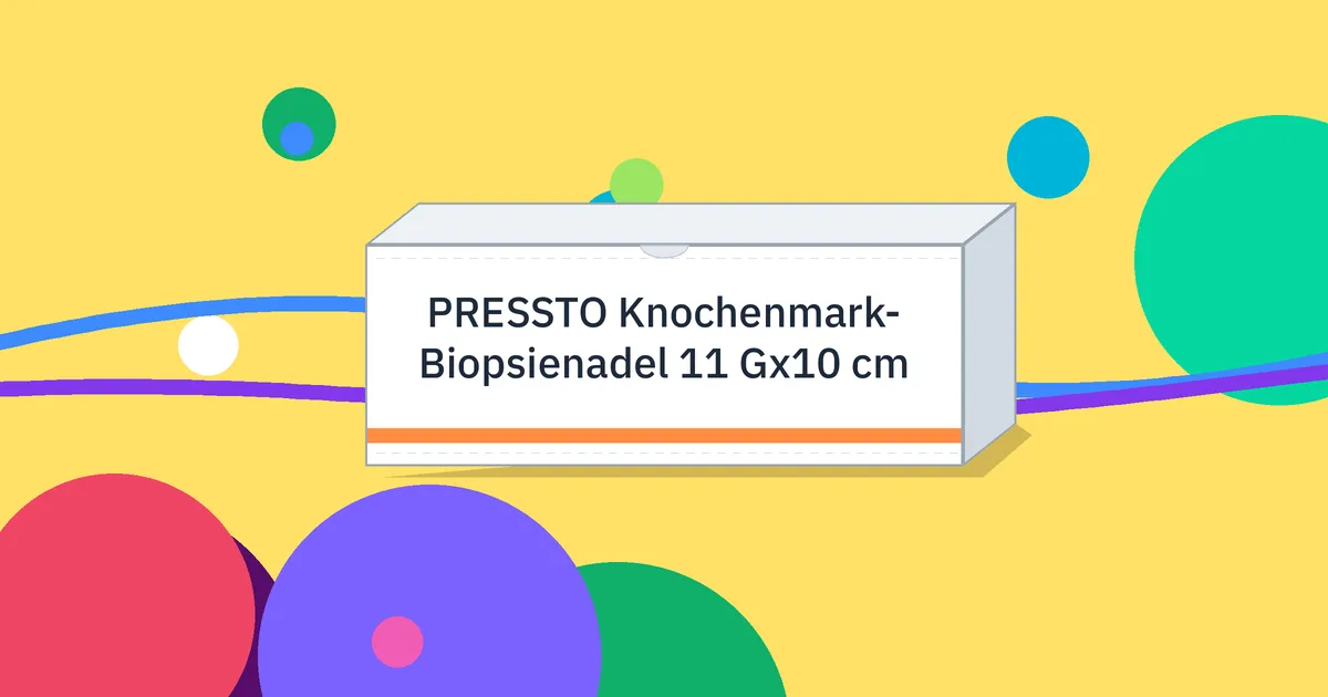Symbolbild: Packung mit der Aufschrift PRESSTO Knochenmark-Biopsienadel 11 Gx10 cm (PZN 14384151) – Verfügbarkeit und Bezug in Apotheken in Frankfurt am Main