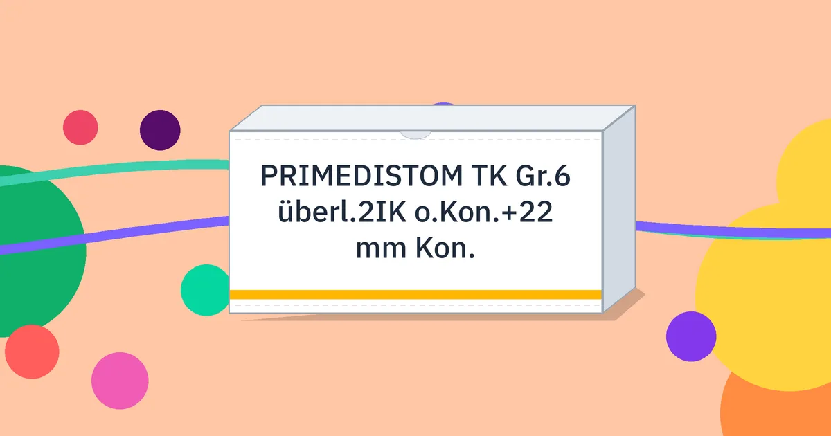 Symbolbild: Packung mit der Aufschrift PRIMEDISTOM TK Gr.6 überl.2IK o.Kon.+22 mm Kon. (PZN 10266325) – Verfügbarkeit und Bezug in Apotheken in Frankfurt am Main