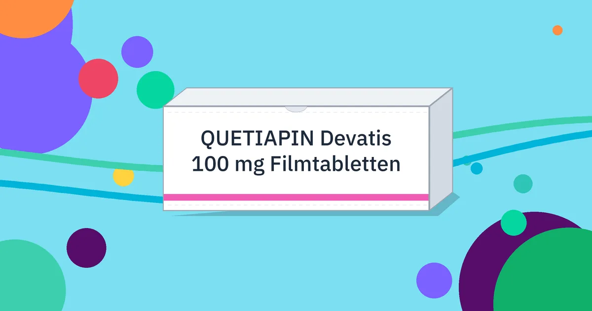 Symbolbild: Packung mit der Aufschrift QUETIAPIN Devatis 100 mg Filmtabletten (PZN 11484047) – Verfügbarkeit und Bezug in Apotheken in Frankfurt am Main